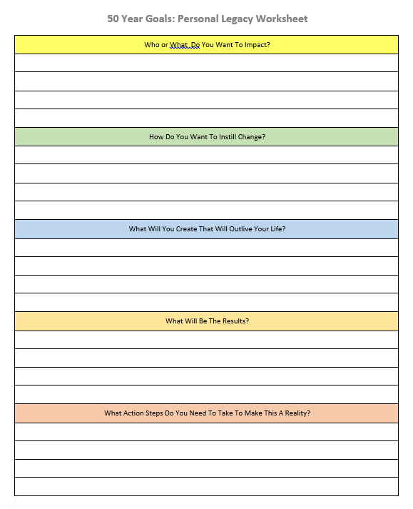Personal Legacy Worksheet | Fifty Year Goals | Fire Up Today